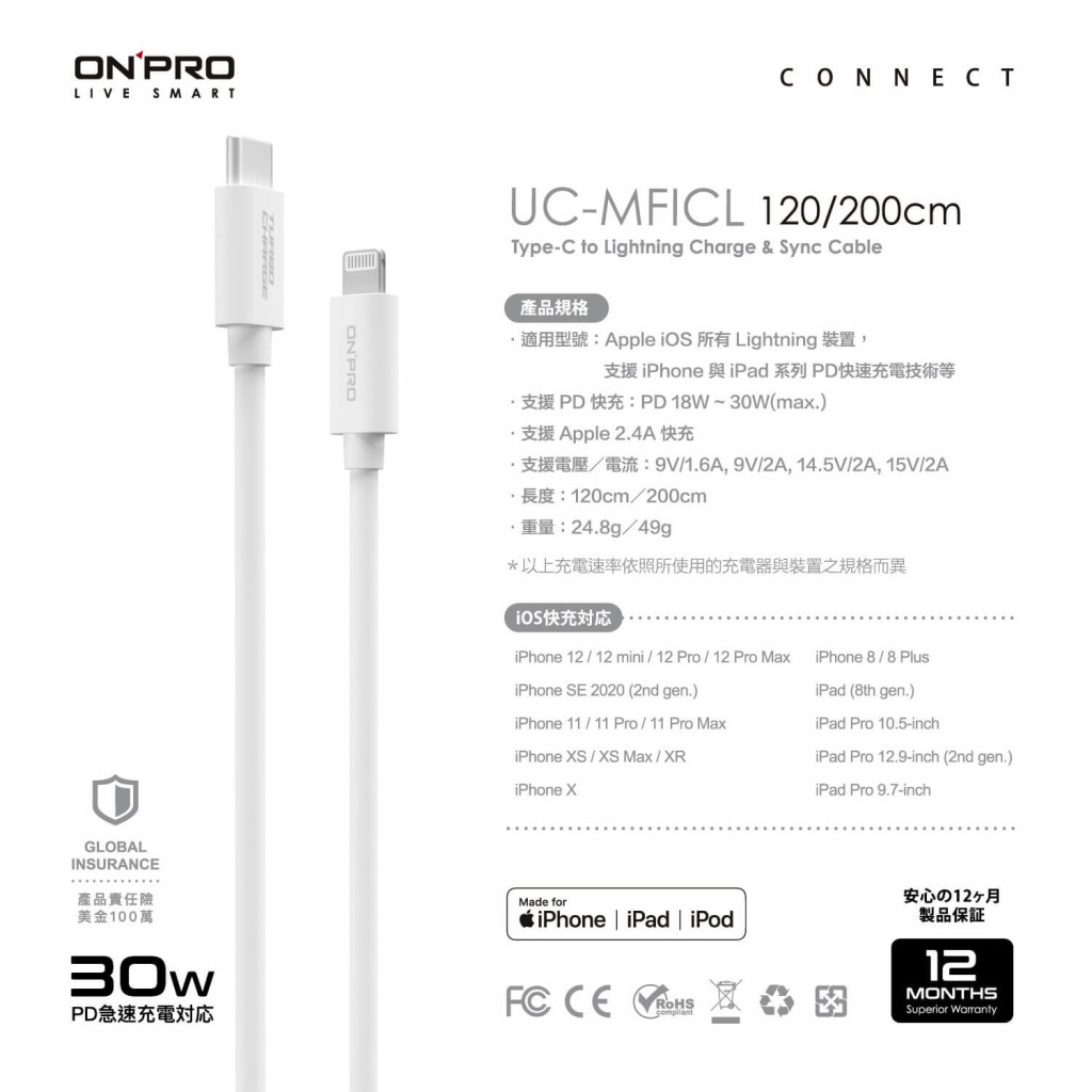 【ONPRO】Apple官方 MFI認證 UC-MFICL Type-C to Lightning 快充 PD30W 充電線 數據線 傳輸線 蘋果 iphone iPad ＂2米＂ | 績和 ...