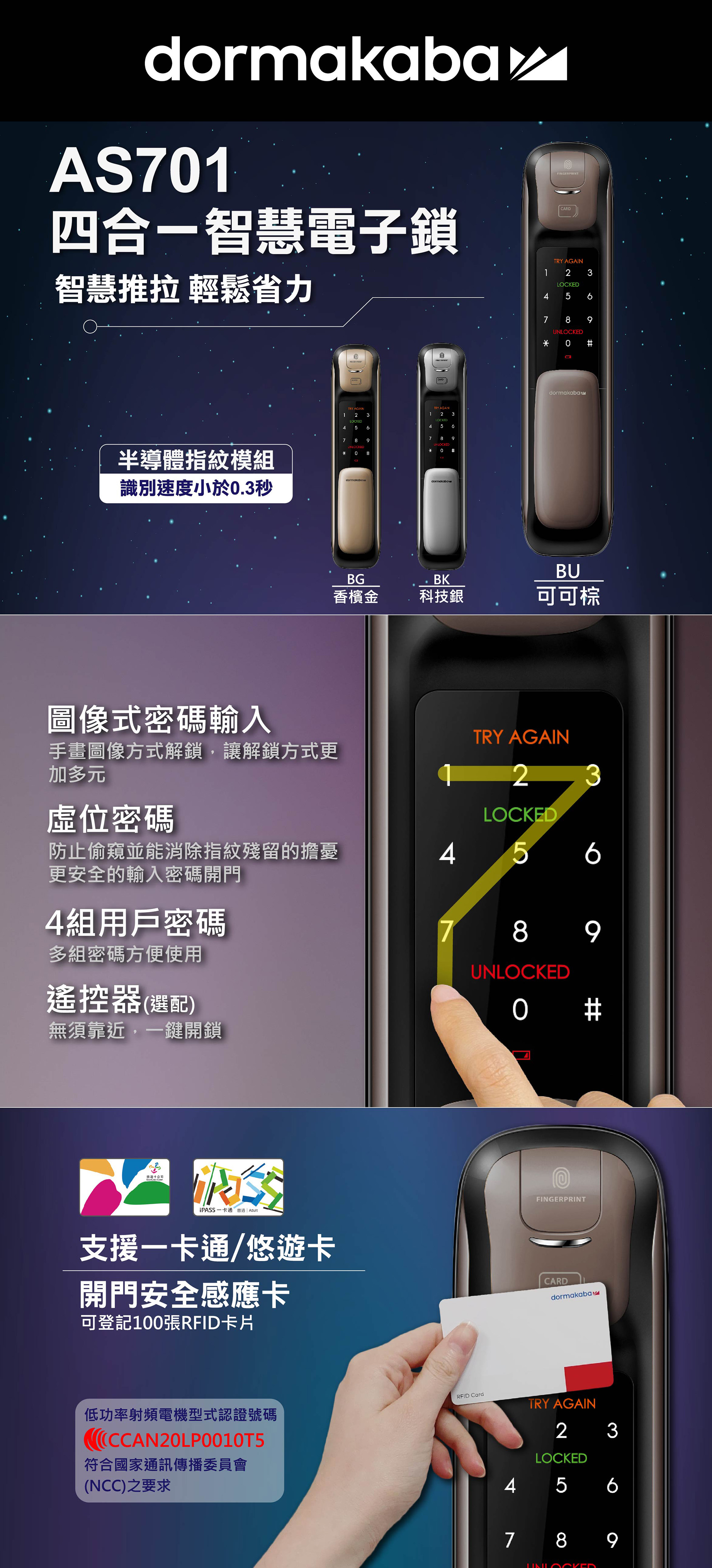 AS701電子鎖四合一智慧推拉式電子鎖 | dormakaba電子鎖台灣通路零售總代理｜德偉國際實業有限公司