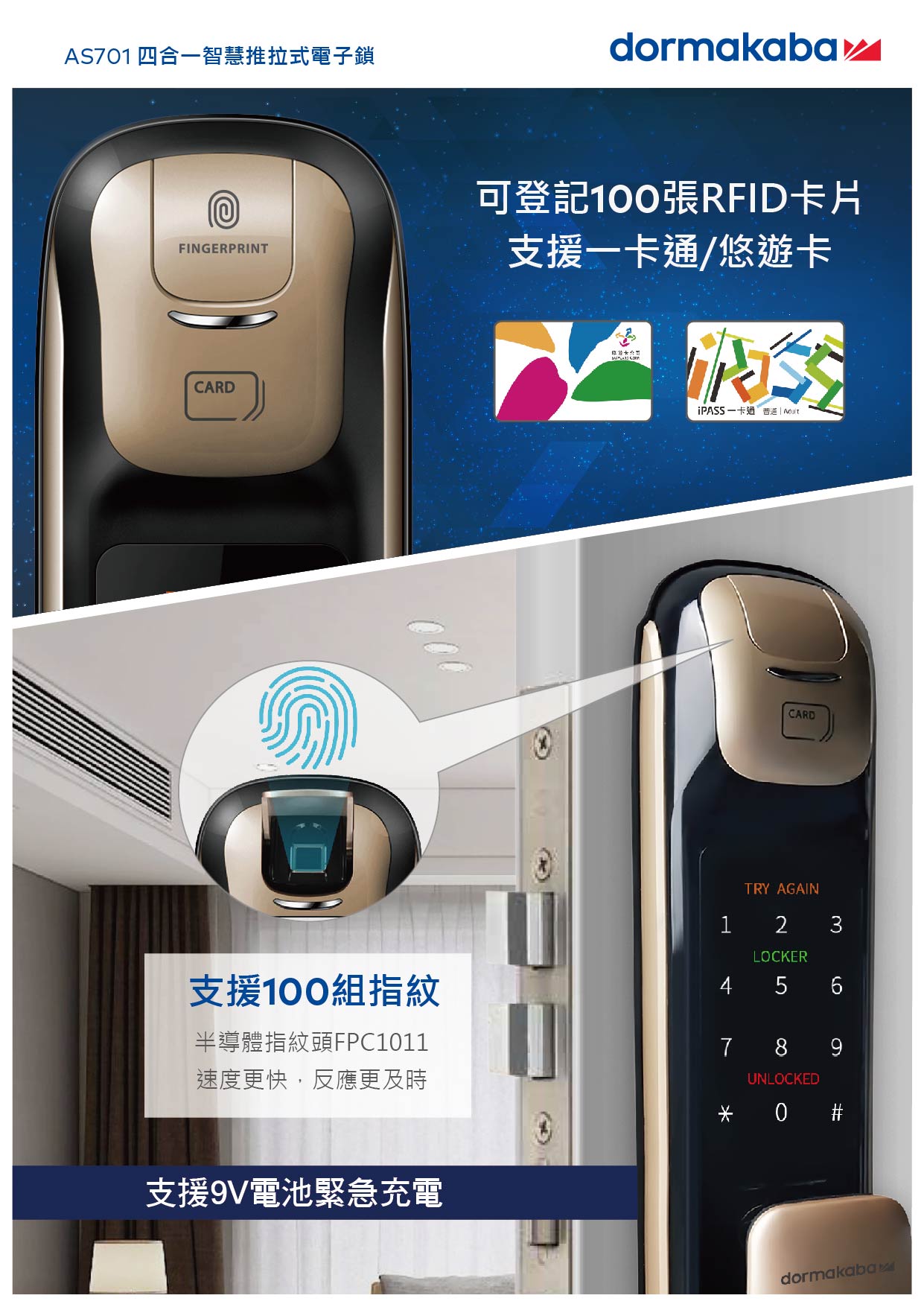 dormakaba AS701-四合一智慧推拉式電子鎖